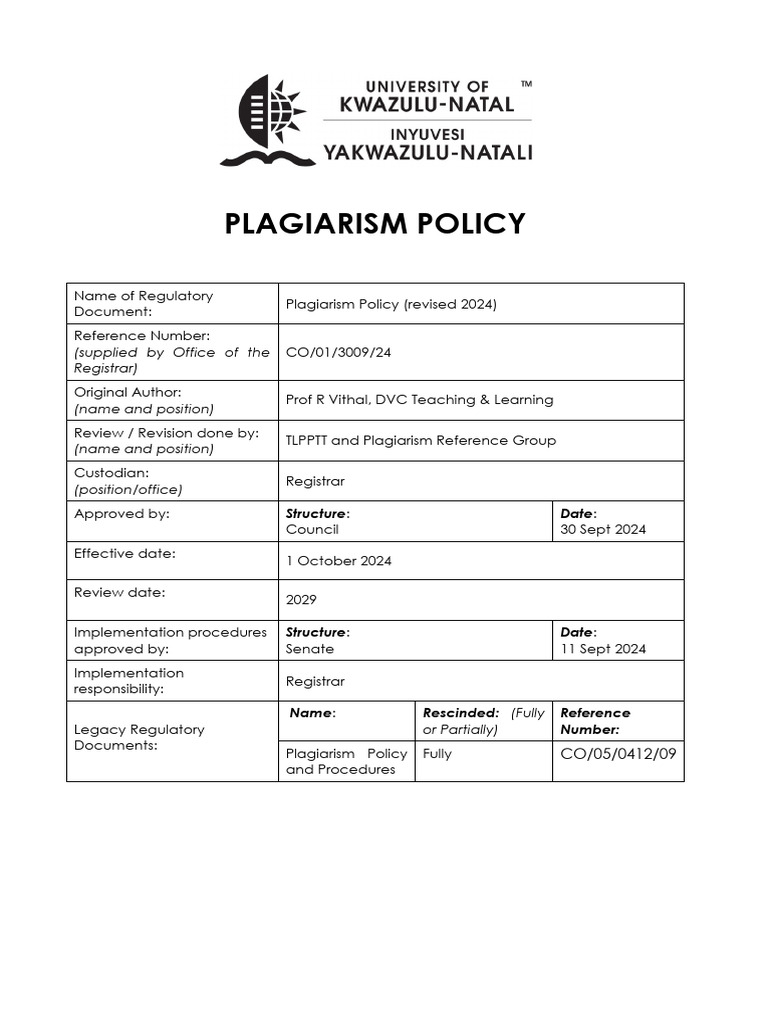 Plagiarism Policy - (Revised 2024) With Correct Flowchart 7oct2024 ...