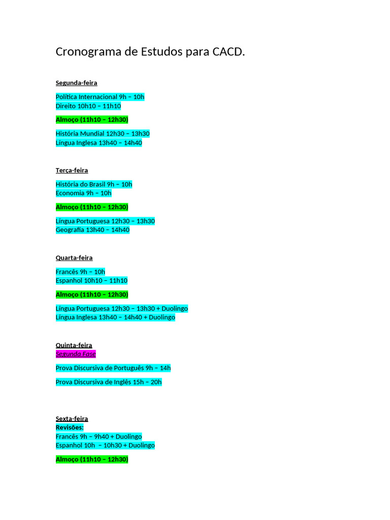 Cronograma de Estudos para CACD | PDF