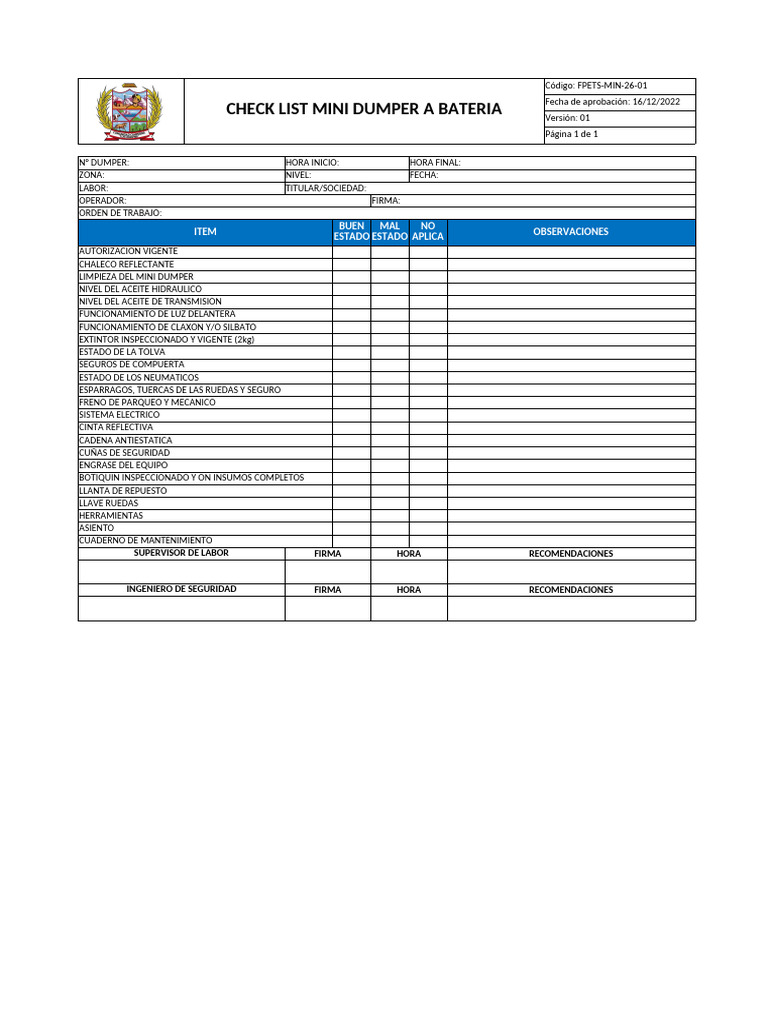 Checklist Mini Dumper a Batería | PDF