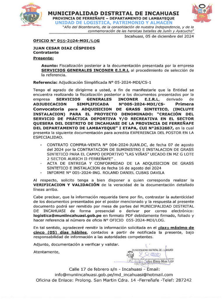 OFICIO N° 055-2024-MDILOG | PDF