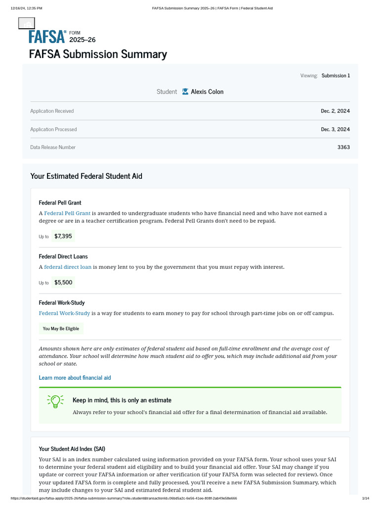 FAFSA Submission Summary 2025-26 - FAFSA Form - Federal Student Aid | PDF | Student Financial ...