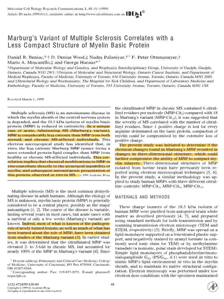 Beniac 1999 Marburg's Variant of Multiple Sclerosis Correlates With A ...
