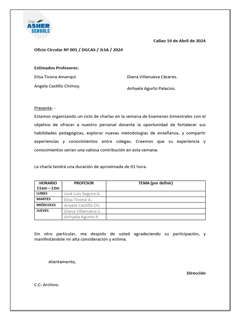 Oficio Circular 001 - DGCAS-JLSA 2024 | PDF