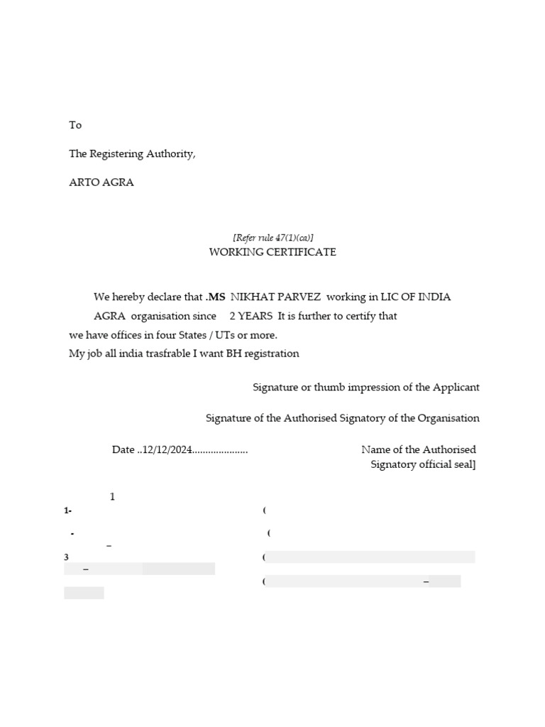 Form 60 Working Certificate for BH Registration | PDF