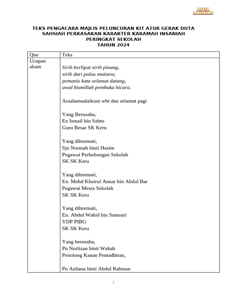 TEKS PENGACARA MAJLIS Peluncuran Kit Atur Gerak Duta Sahsiah | PDF