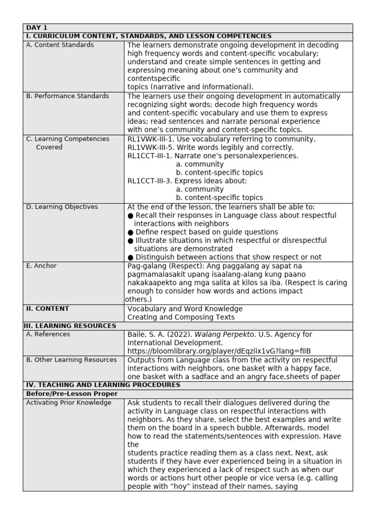 Reading-Literacy Q3 Week-1 Day-1 | PDF | Vocabulary | Word