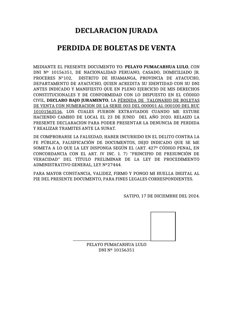 Declaracion Jurada Perdida de Boleta y Factura | PDF