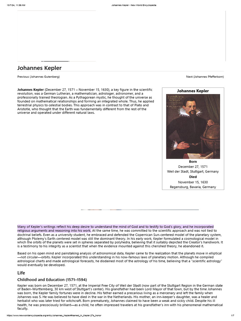 Johannes Kepler New World Encyclopedia Pdf Johannes Kepler Orbit