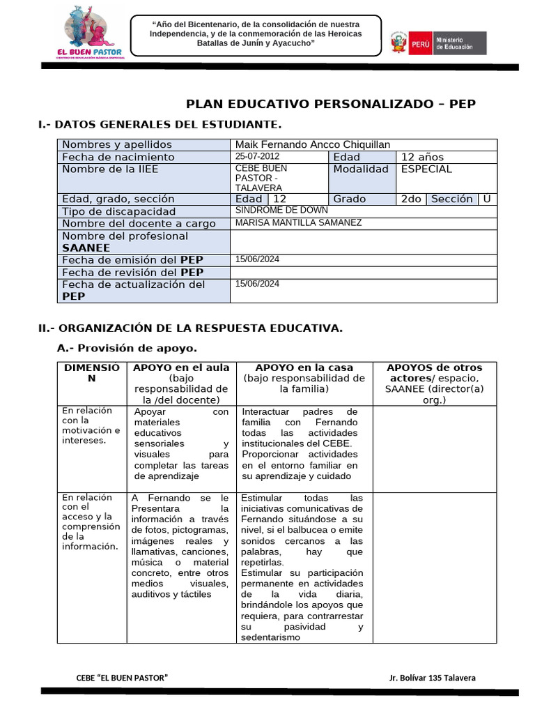 PEP para Estudiante con Síndrome de Down | PDF | Las emociones | Salón ...