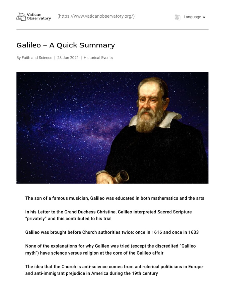Galileo - A Quick Summary - Vatican Observatory | PDF | Galileo Galilei ...