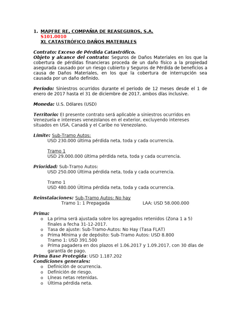 Contratos de Reaseguro MAPFRE 2017 | PDF | Reaseguro | Póliza de seguros