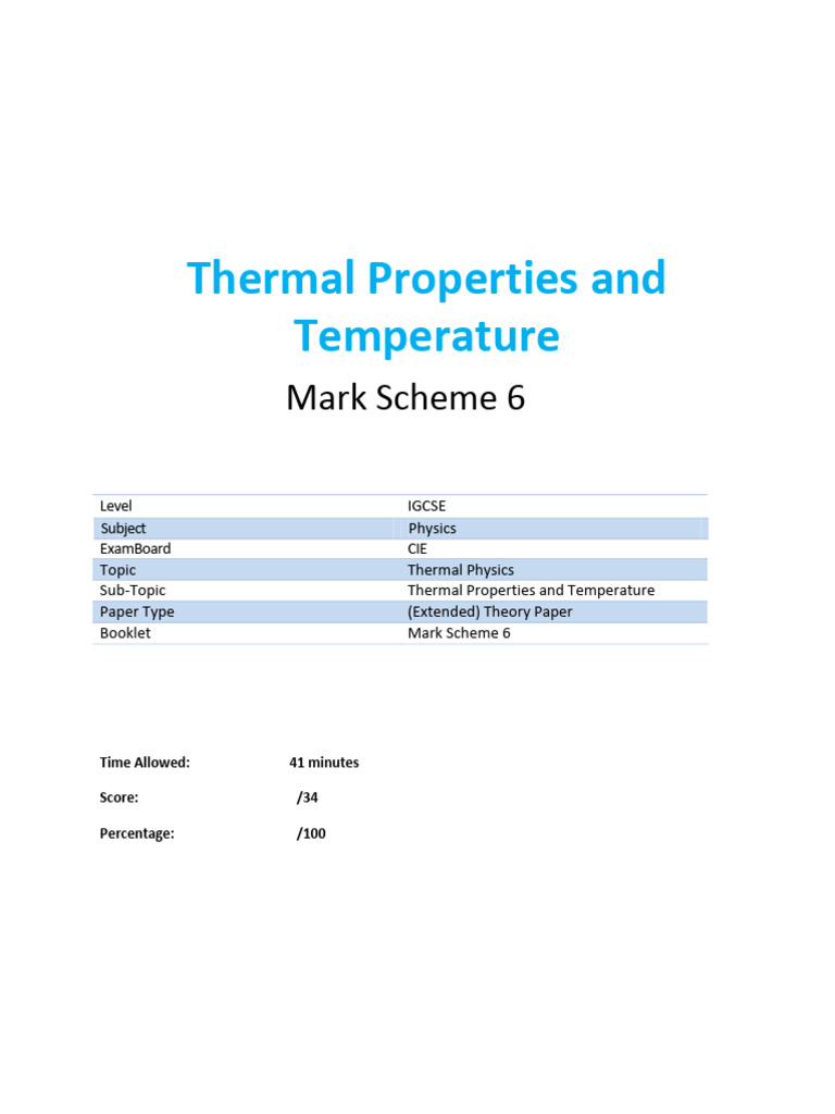 IGCSE Thermal Physics Mark Scheme | PDF | Thermal Conduction | Heat