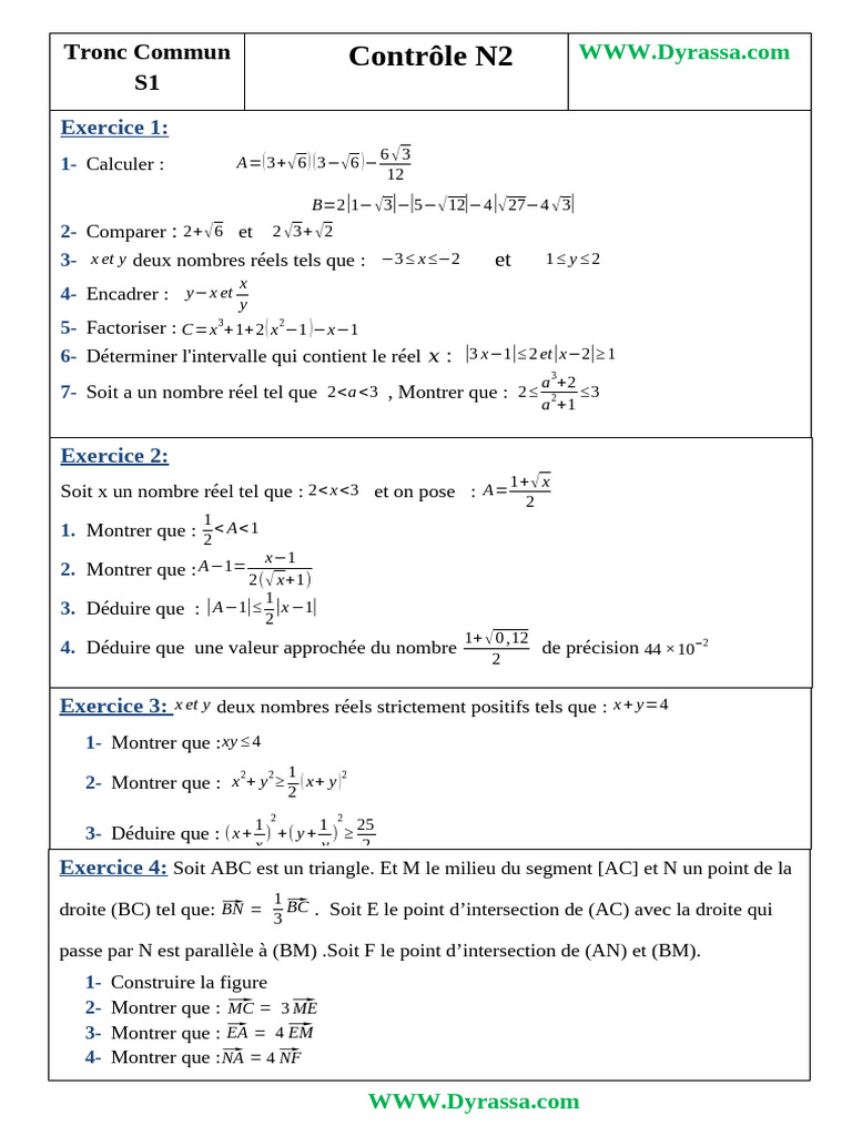 Contrôle de Maths Tronc Commun S1 | PDF | Mathématiques | Mathématiques ...