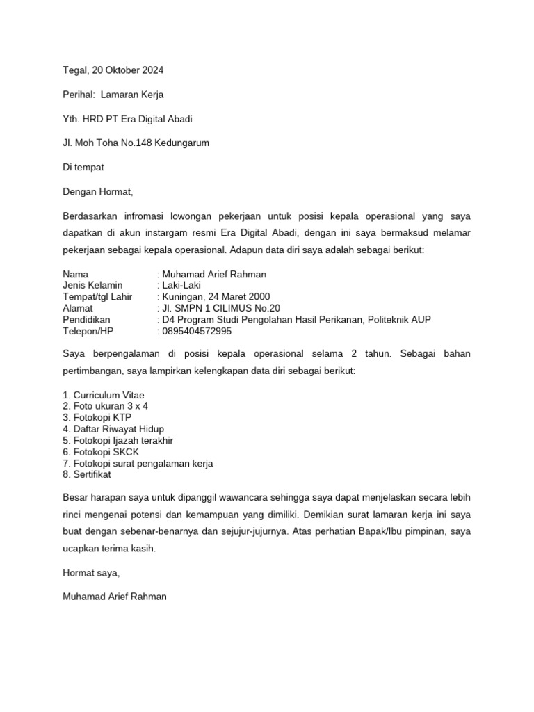 Contoh Surat Lamaran Muhamad Arief Rahman | PDF