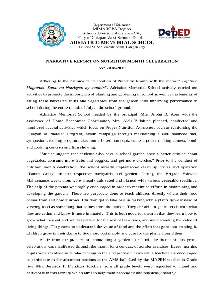 Narrative Report on Nutrition Month | PDF | Vegetables