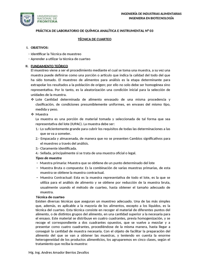 Practica 03 1 QAeI241 Muestreo TECNICA DEL CUARTEO 03-1 | PDF ...