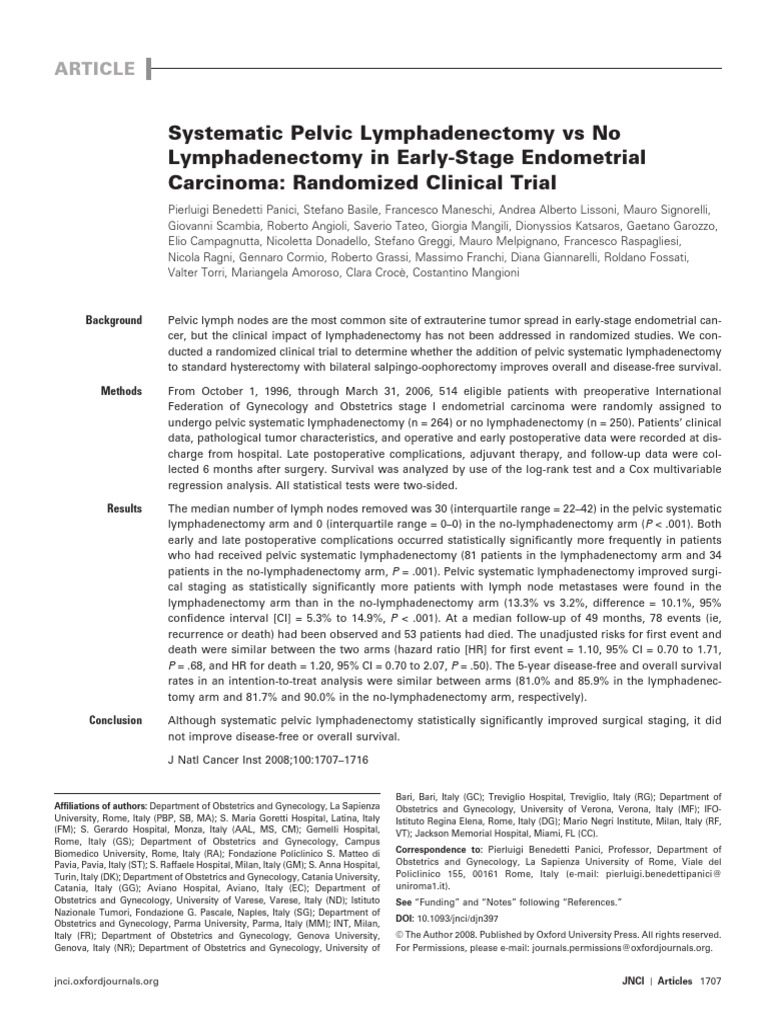 Systematic Pelvic Lymphadenectomy Vs No Lymphadenectomy in Early-Stage ...