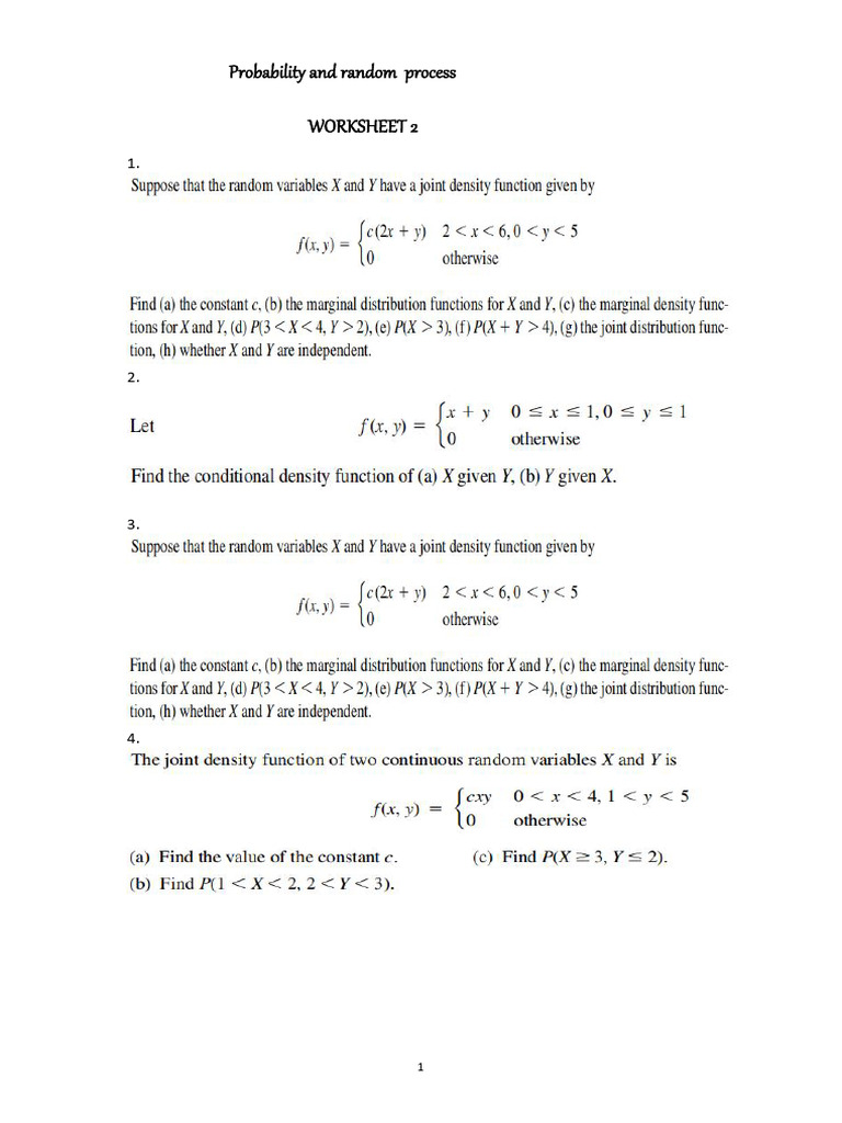 Probability and Random Process Worksheet 2 | PDF