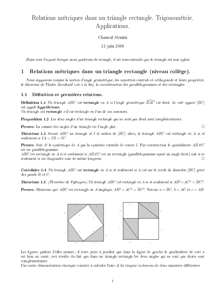 Relations métriques dans un triangle rectangle | PDF | Triangle ...