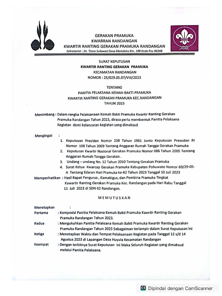 SK Kegiatan Kemah Kwaran Randangan Tahun 2023 | PDF