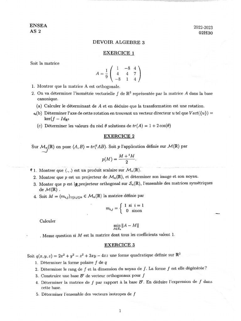 Devoir Algèbre 3 | PDF