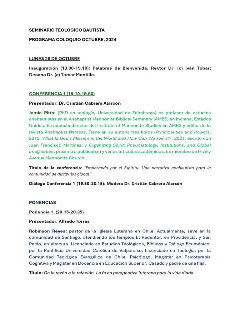 Programa Coloquio Conferencia y Ponencias STB 2024 | PDF | Evangélico | metodismo