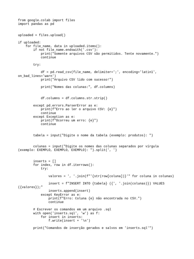 Programa em Python para Converter CSV para Linha de Comandos SQL | PDF