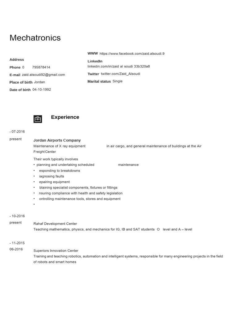 My Resume | PDF | Mechatronics | Engineering