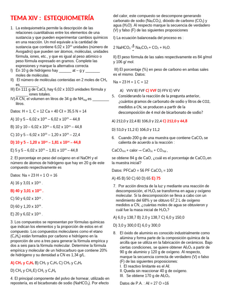 Tema Xiv Estequiometría Pre San Marcos | PDF | Dióxido de carbono | Estequiometría