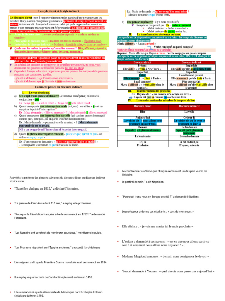 Exercices sur le discours direct/indirect | PDF | Verbe | Phrase