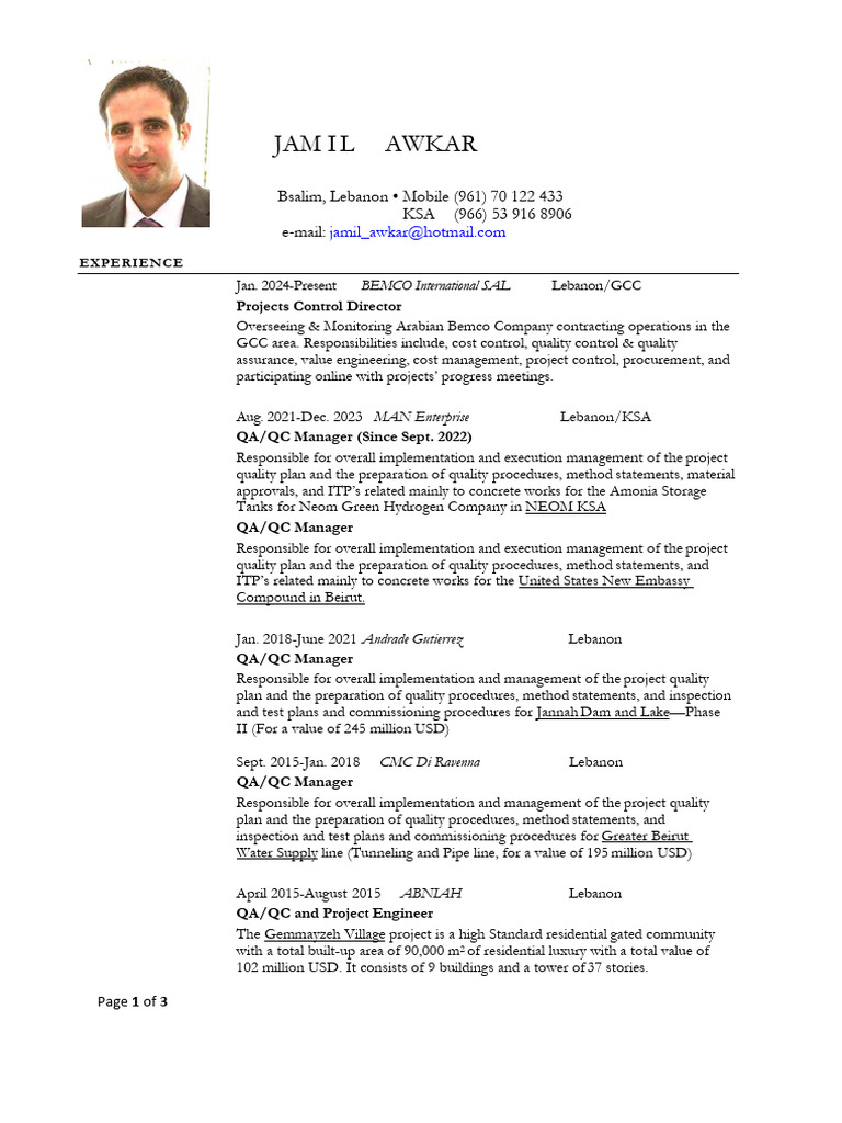 Resume-Jamil Awkar-May 2024 | PDF | Engineering