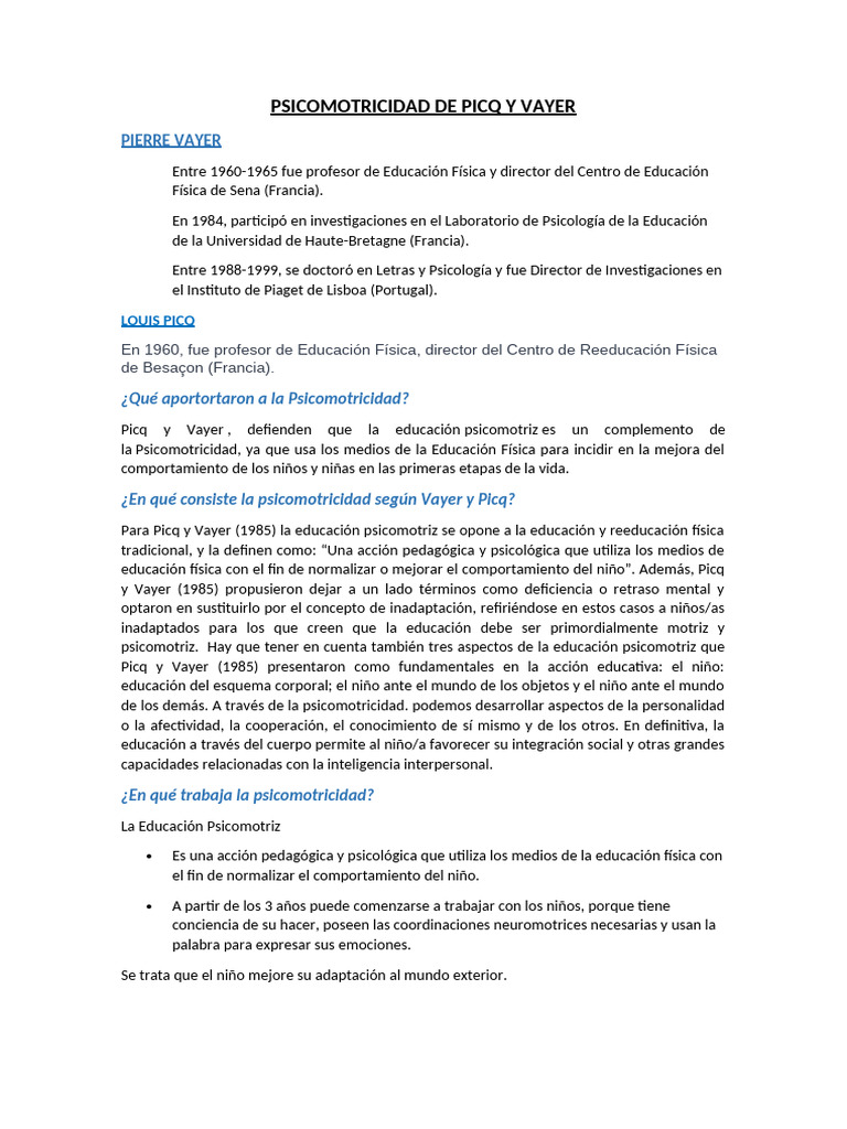 Psicomotricidad de Vayer y Picq | PDF | Sicología | Ciencias del comportamiento