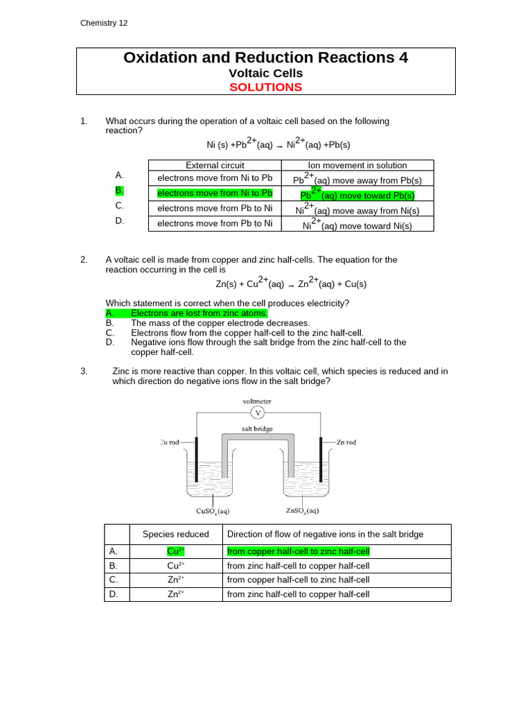 Redox 4 VoltaicCells Problems SOLUTIONS (2024) | PDF | Electrode | Redox