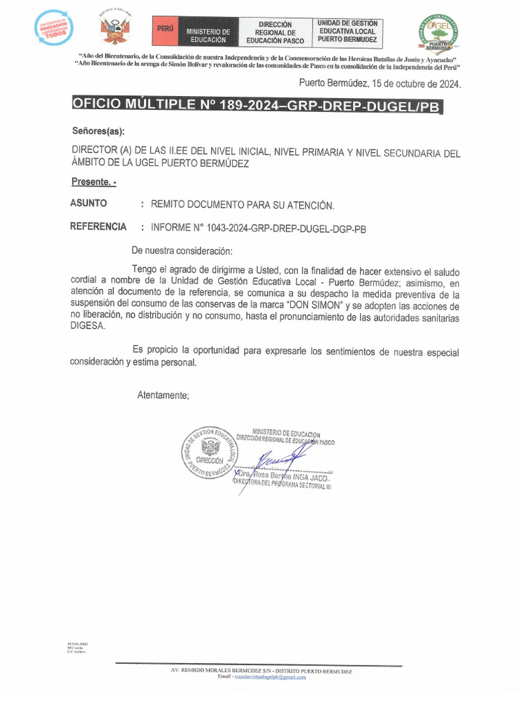 OFICIO MULT. N° 189 - REMITO DOCUMENTO PARA SU ATENCIÓN | PDF