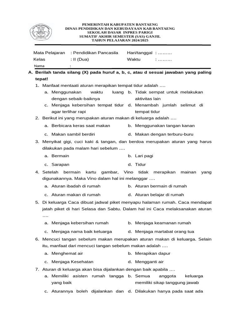 Soal Asas Ganjil Pend. Pancasila Kelas 2 | PDF