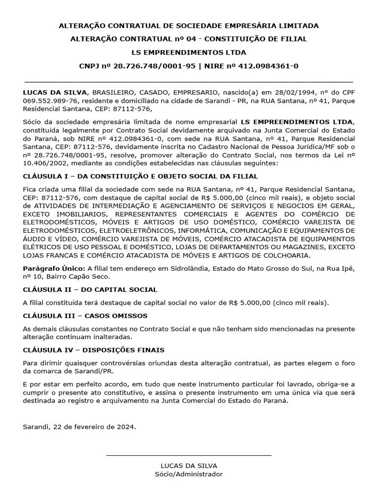 Contrato Social Filial Assinado | PDF | Companhia limitada | Business