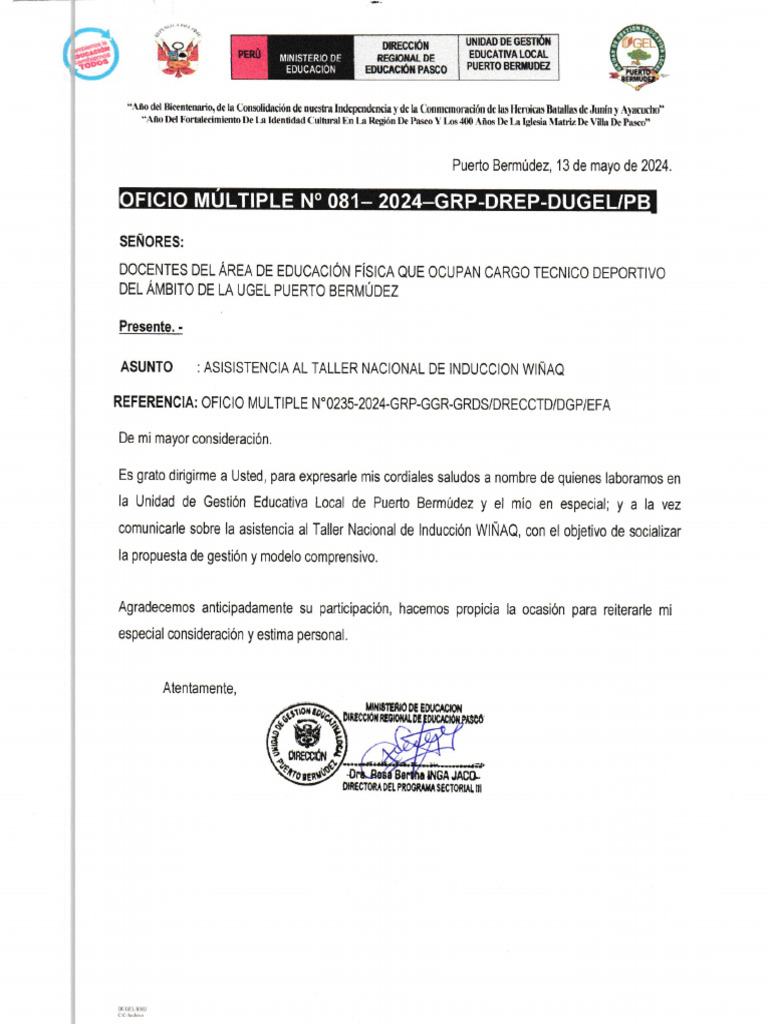 OFICIO MULT. N° 081-ASISTENCIA A TALLER NACIONAL DE INDUCCION WIÑAQ | PDF