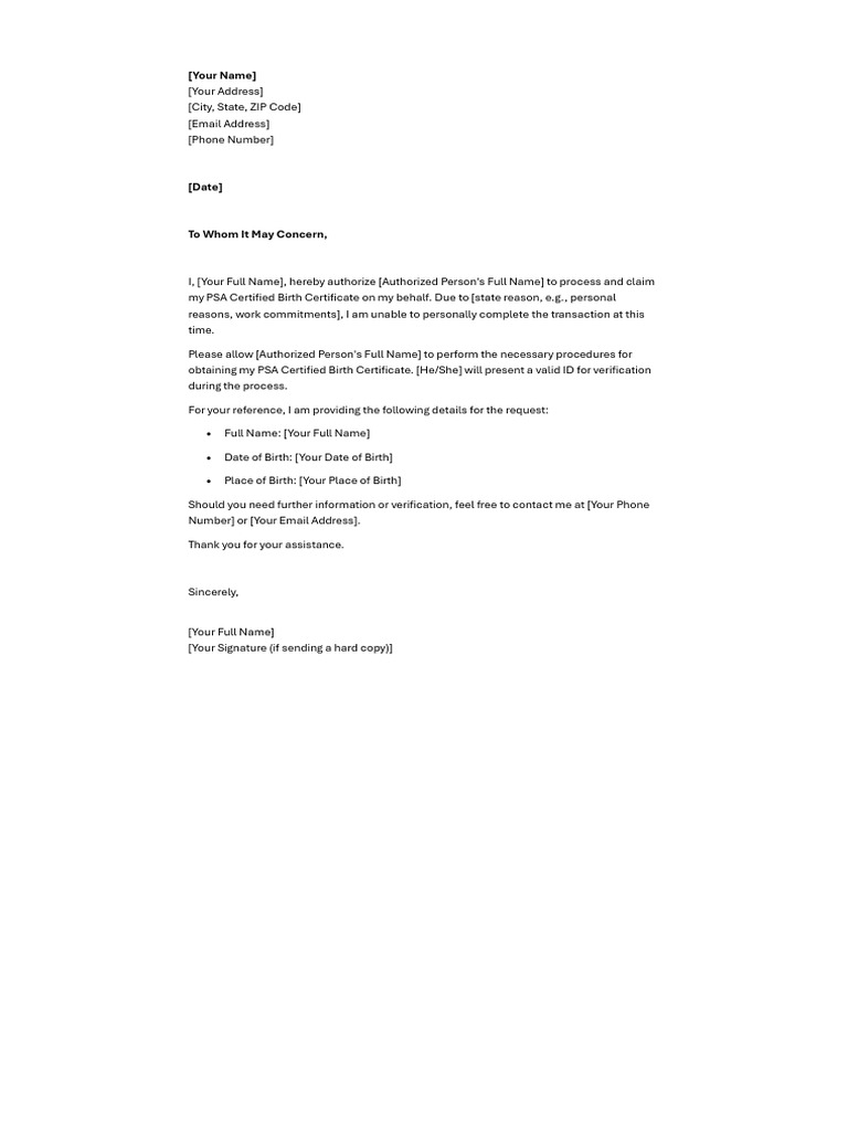 Authorization To Process Psa Birth Certificate | PDF