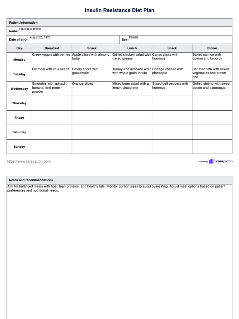 Insulin Resistance Diet Plan Sample | PDF