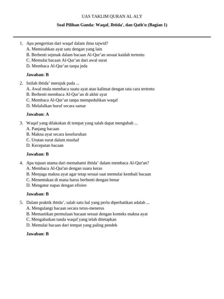 Contoh Soal Uas Quan UAS TAKLIM QURAN AL ALY F | PDF