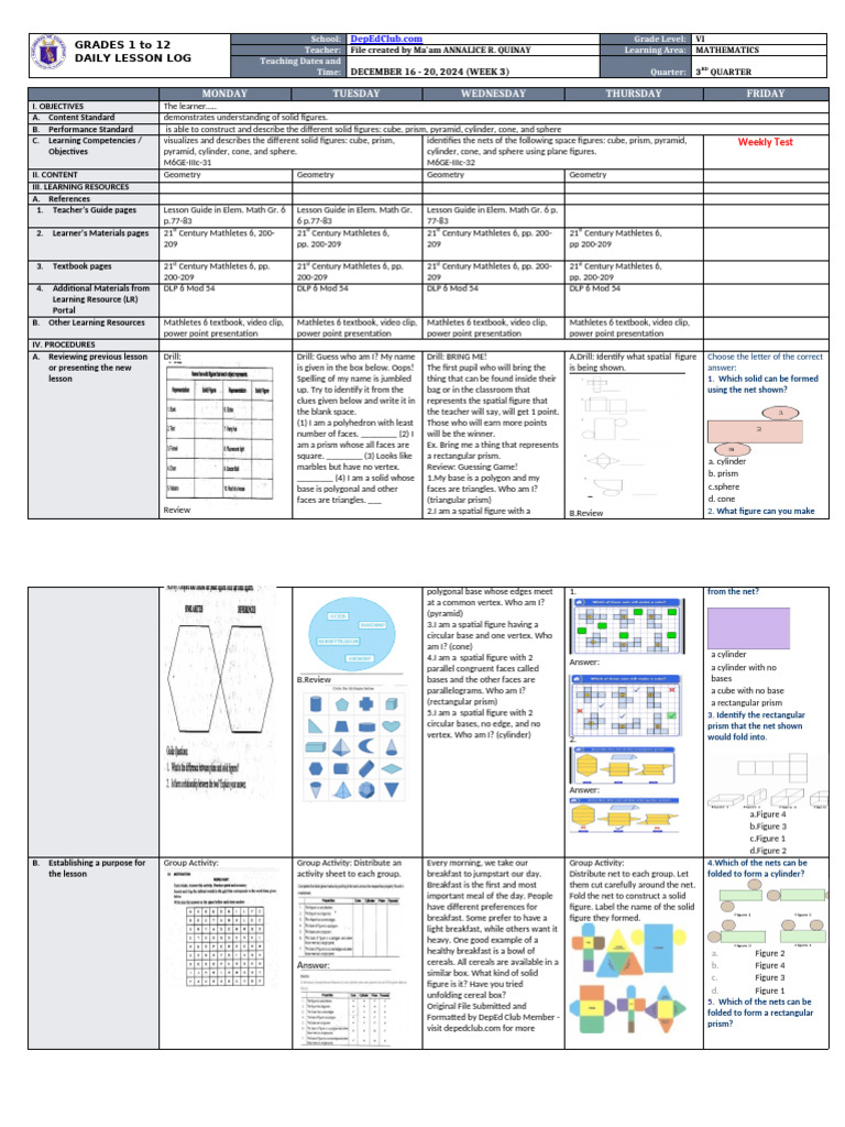 Dll Mathematics 6 q3 w3 | PDF | Geometry | Convex Geometry