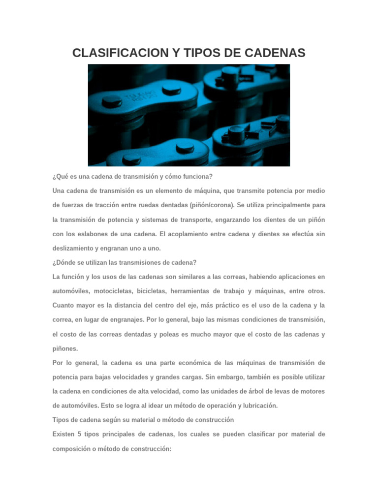 Clasificacion y Tipos de Cadenas | PDF | Engranaje | Bienes manufacturados