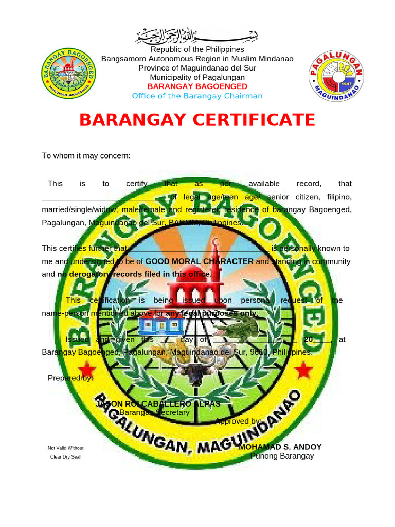 BARANGAY CERTIFICATE | PDF