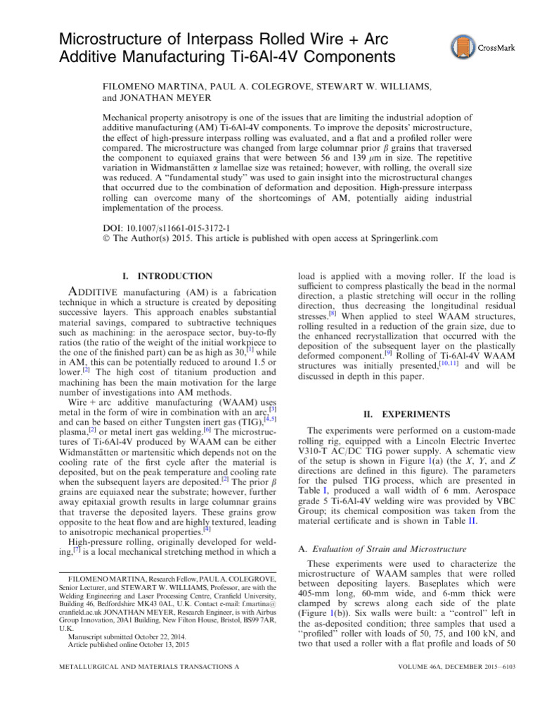 Microstructure of Interpass Rolled Wire + Arc Additive Manufacturing Ti-6Al-4V Components ...