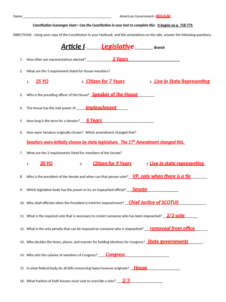 Constitution Scavenger Hunt--REG Govt--mine--KEY | PDF | Article One Of ...