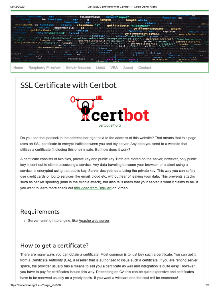 Get SSL Certificate with Certbot — Code Done Right! | PDF | Public Key Certificate | Transport ...