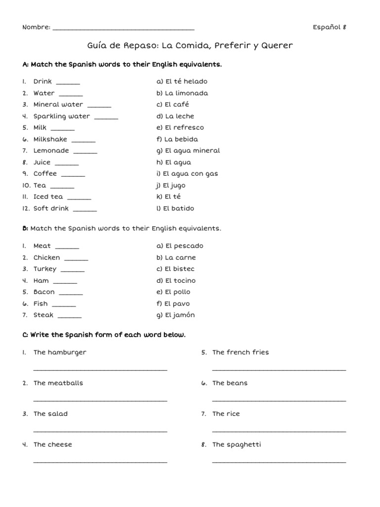 Guia de Repaso La Comida Preferir y Querer | PDF | Cocina | Alimentos