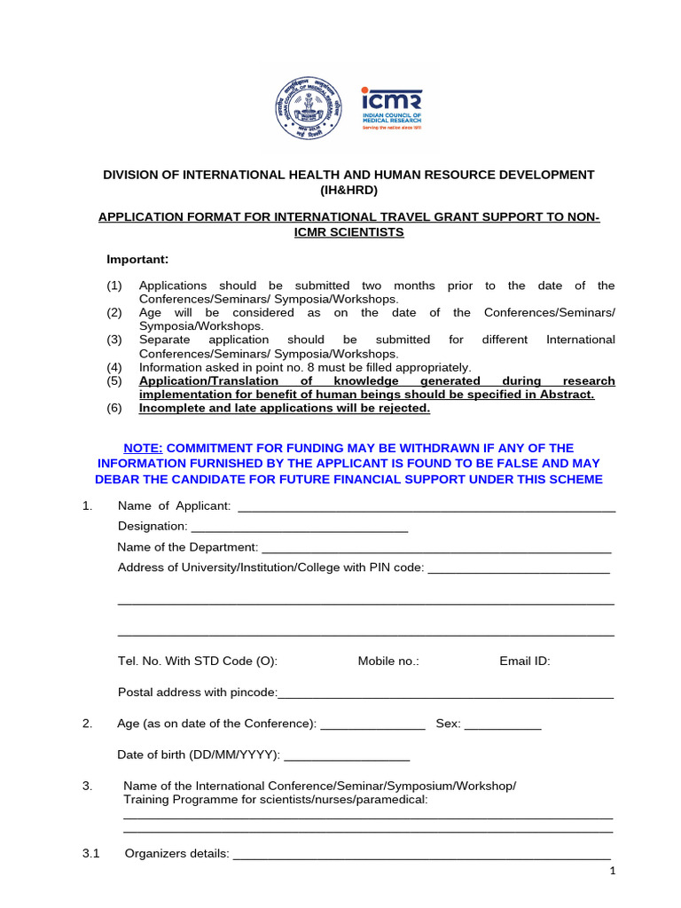 ICMR Travel Grant Application Form 2022 | PDF