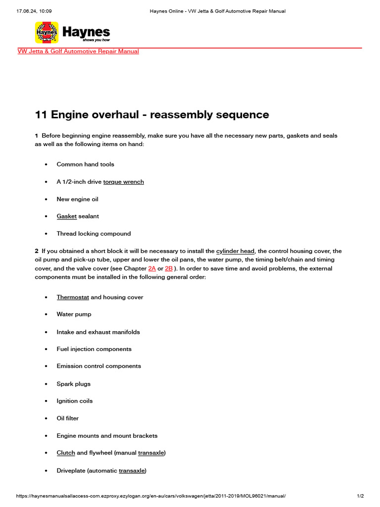 2c General engine overhaul procedures 11 Engine overhaul - reassembly ...