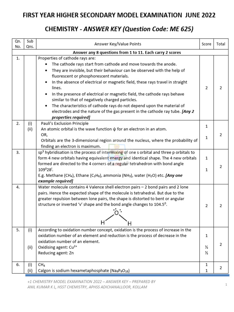 Hsslive-xi-model-exam-2022-chemistry-key-anil | PDF | Atomic Orbital ...
